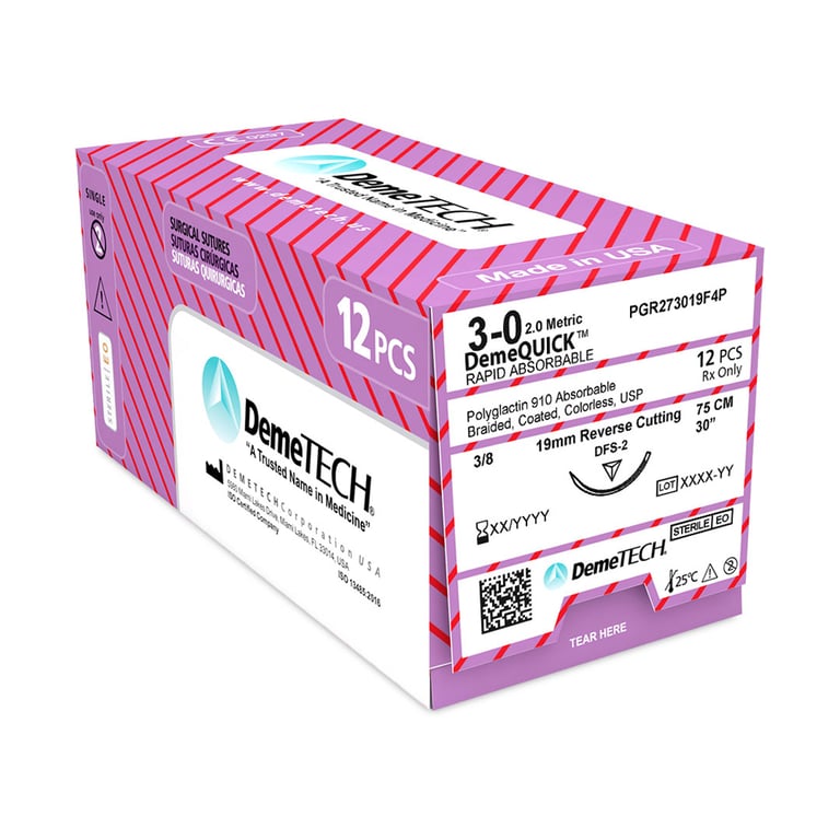 DemeQUICK 3/0, 30" (75 cm) Rapid Absorbable Clear Suture, DFS-2 Reverse Cutting Needle, 12/Box ...