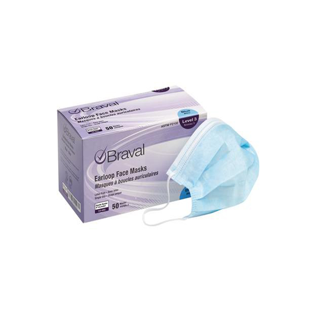 Braval Blue Earloop Face Mask, 50/Box | Net32