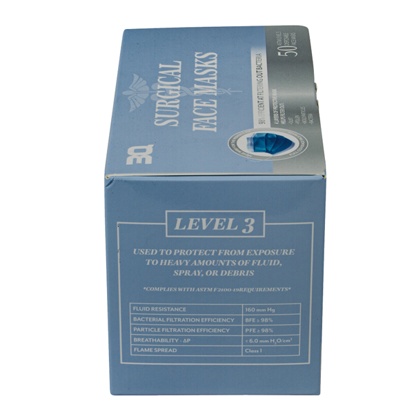 3Q ASTM Level 3 Surgical Ear-Loop Face Mask, BFE/PFE ≥ 98%, Blue, 50 ...