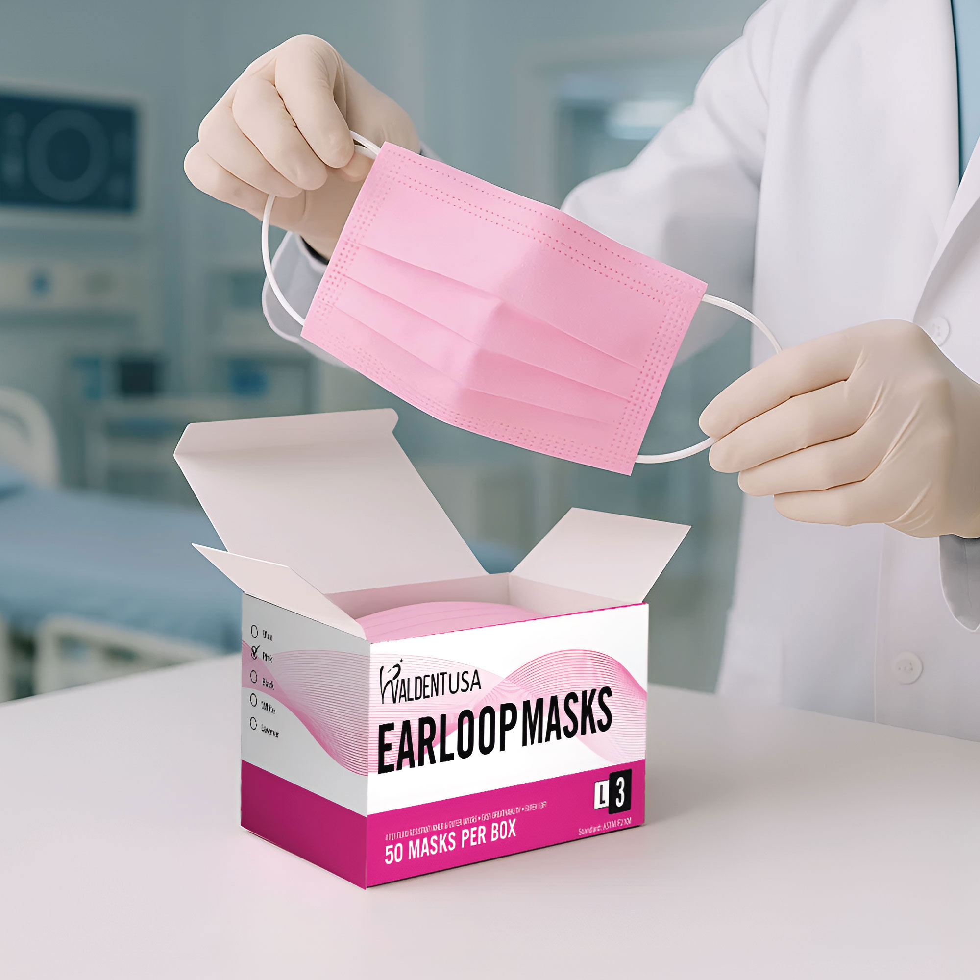 Valdent USA Disposable Earloop Masks, 4-Ply, ASTM Level 3, Fluid ...