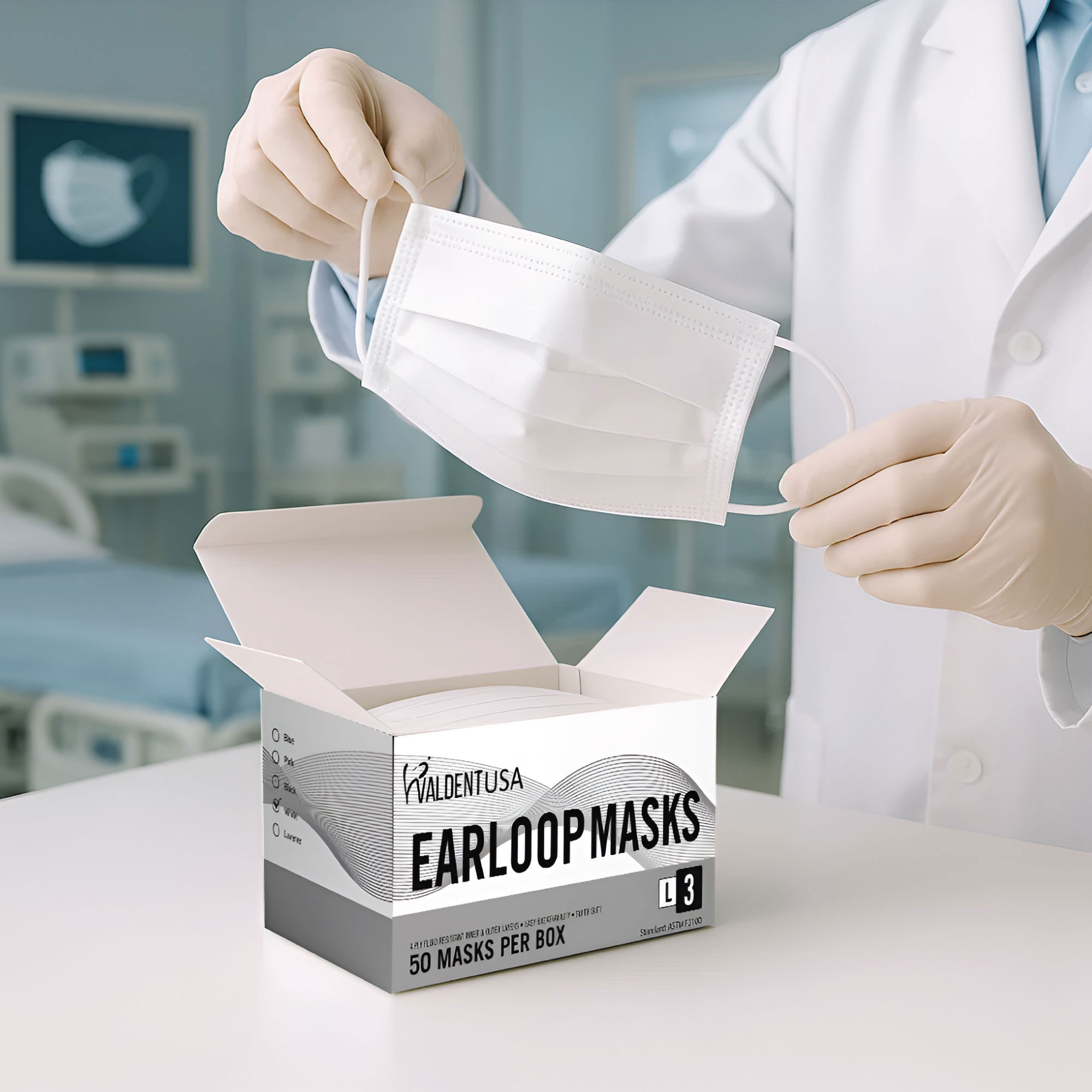 Valdent USA Disposable Earloop Masks, 4-Ply, ASTM Level 3, Fluid ...
